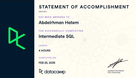 Completed Intermediate Sql Course On Datacamp Abdelrhman Hatem Posted On The Topic Linkedin