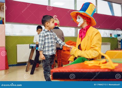 Funny Clown And Little Boy With Red Nose Stock Image Image Of