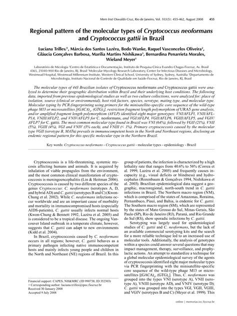 Pdf Regional Pattern Of The Molecular Types Of Cryptococcus Neoformans And Cryptococcus Gattii