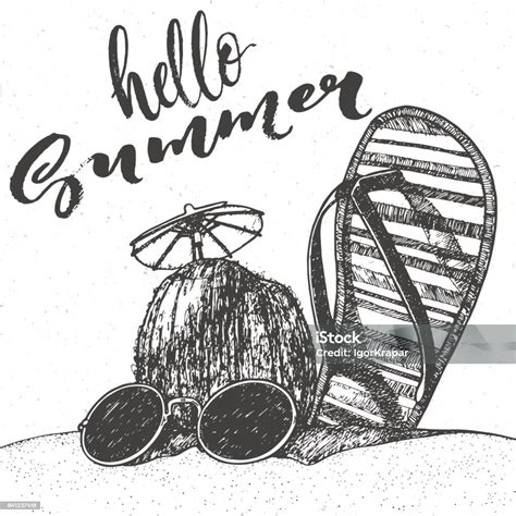 손 해변에 Hello 여름 붓글씨 비문 텍스트 코코넛 선글라스 모카 신 그래픽 그림 그리기 계절에 대한 스톡 벡터 아트 및 기타 이미지 Istock