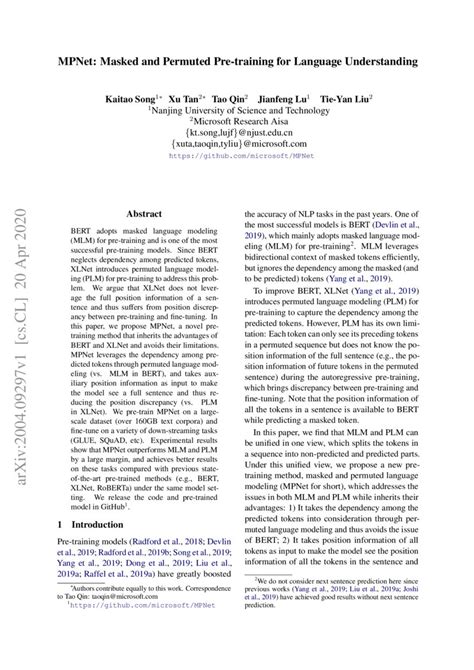 MPNet Masked And Permuted Pre Training For Language Understanding DeepAI