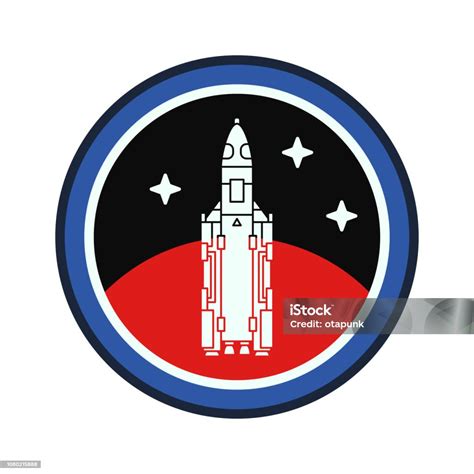 항공 우주 화성 프로그램 Multistage 로켓의 서클 스트라이프 실루엣 벡터 로고 수사의 상징 만화 스타일 로켓 우주 비행사 기장 장비입니다 우주선 기술 그림입니다