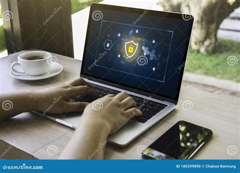 Person Using A Laptop Computer With Data Protection Cyber Security Information Safety And