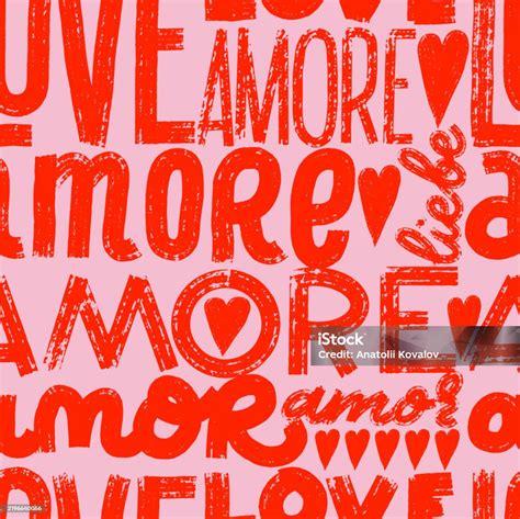 완벽 한 패턴 추상 사랑 텍스트 다른 언어로 인용문 빨간 그런 지 로맨틱 배경 벽지 인쇄 손으로 그리기 브러시 스트로크 발렌타인 데이 손으로 쓴 질감 완벽 한 패턴입니다