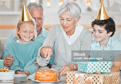 조부모와 함께 집에서 생일을 축하하는 사랑스러운 어린 아이 두 명의 자른 샷 10 11세에 대한 스톡 사진 및 기타 이미지 10 11세 4 명 6 7 살 Istock