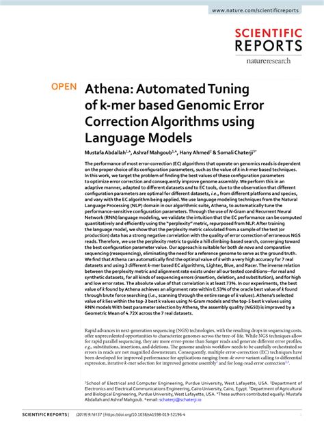Pdf Athena Automated Tuning Of K Mer Based Genomic Error Correction Algorithms Using Language