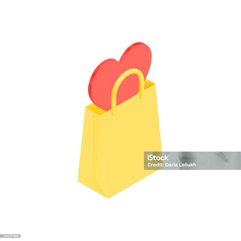 등각 투영 노란색 아이콘입니다 현대 평면 벡터 일러스트 레이 션입니다 하트 모양 기호가 있는 쇼핑백입니다 소셜 미디어 템플릿 2차 도형에 대한 스톡 벡터 아트 및 기타