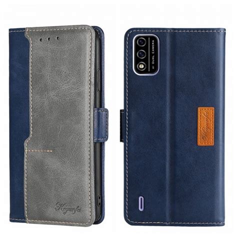 For Itel A48 Contrast Color Side Buckle Leather Phone Case Blue Grey