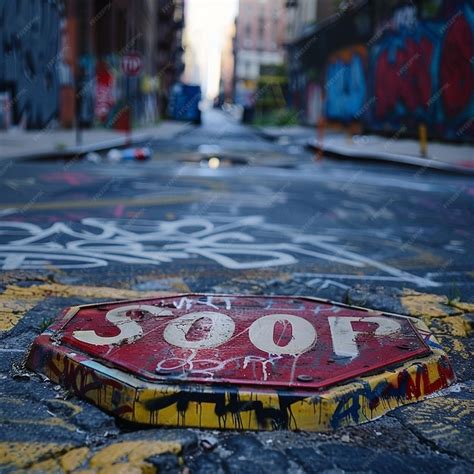 Graffitiadorned Stop Sign On The Pavement Premium Ai Generated Image