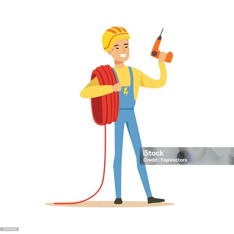 전기 와이어 롤과 훈련 유니폼 들고 웃 고 전기 실적 전기 사람 작동 하는 벡터 일러스트 레이 션 남자에 대한 스톡 벡터 아트 및 기타 이미지 Istock