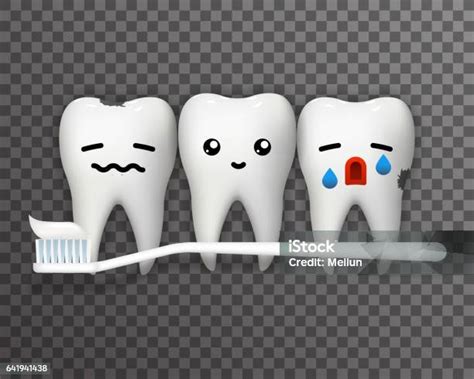 미소 행복 울 고통을 겪는 감정 귀여운 치아 칫 솔과 치약 템플릿 현실적인 3 차원 투명 배경 벡터 일러스트 레이 션 3차원 형태에 대한 스톡 벡터 아트 및 기타 이미지