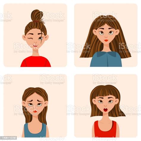 다른 얼굴 표정과 감정을 가진 소녀 만화 스타일 벡터 일러스트레이션 감정에 대한 스톡 벡터 아트 및 기타 이미지 감정 귀여운 긍정적인 감정 표현 Istock