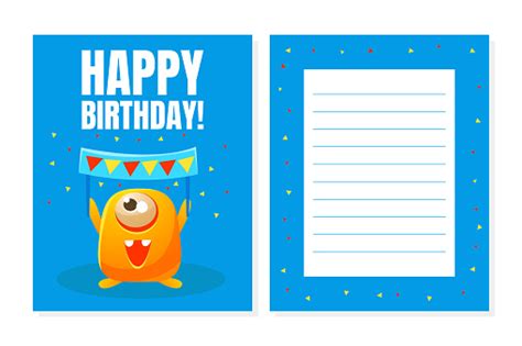 귀여운 재미 몬스터 캐릭터 몬스터 파티 초대 카드 벡터 일러스트와 함께 생일 배너 템플릿 귀여운에 대한 스톡 벡터 아트 및 기타
