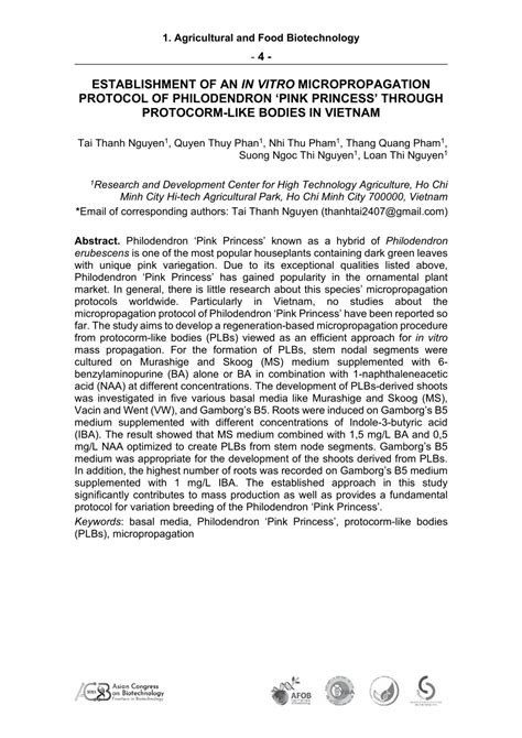 Pdf Establishment Of An In Vitro Micropropagation Protocol Of Philodendron Pink Princess