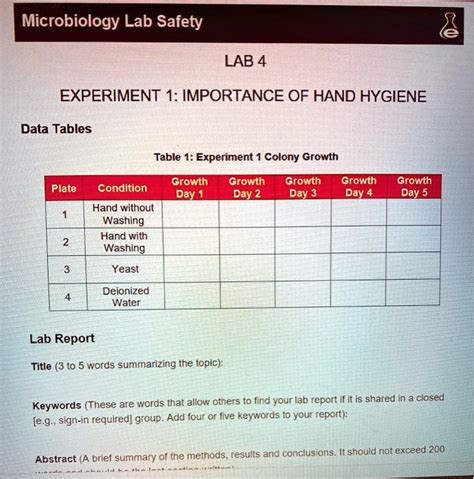 SOLVED Microbiology Lab Safety LAB 4 EXPERIMENT 1 IMPORTANCE OF HAND HYGIENE Data Tables Table