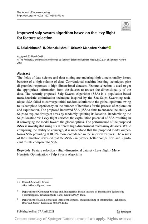Pdf Improved Salp Swarm Algorithm Based On The Levy Flight For
