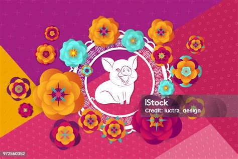 종이로 2019 중국 인사말 카드 기하학적 배경에 엠 블 럼과 꽃을 잘라 조디악 돼지 새 해 복 많이 받으세요 0명에 대한 스톡 벡터 아트 및 기타 이미지 Istock