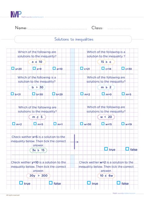One Variable Inequalities Worksheets Grade 6