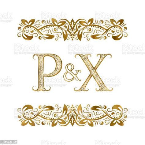 P 와 X 빈티지 이스이셜 기호 문자는 장식 요소로 둘러싸여 있습니다 결혼식 또는 비즈니스 파트너 로얄 스타일의 모노그램 결혼식에 대한 스톡 벡터 아트 및 기타 이미지