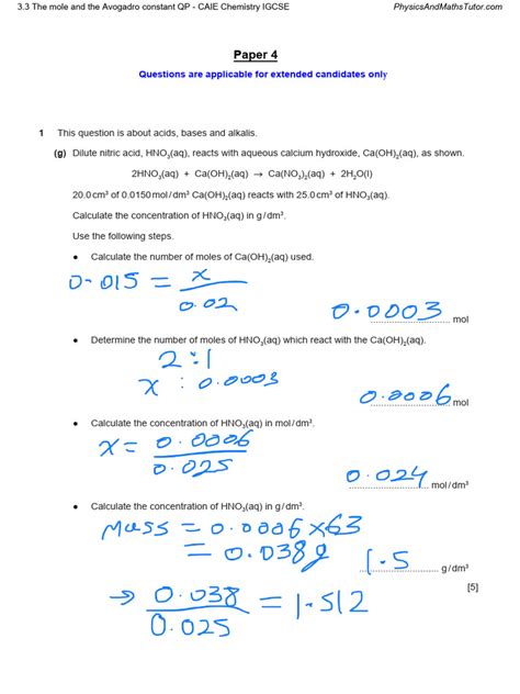 3 3 The Mole And The Avogadro Constant Qp Caie Chemistry Igcse Pdf Nitric Acid Mole Unit