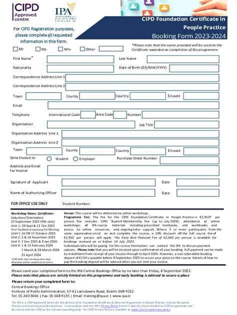 Fillable Online Booking Form Ipa Cipd Certificate In People Practice