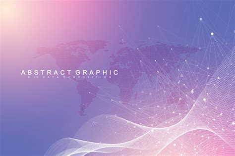 빅 데이터 시각화 기하학적 추상적 인 배경 시각적 정보 복잡성 미래 지향적 인포 그래픽 디자인 연결된 라인과 점 웨이브 흐름과 기술 배경 벡터 일러스트레이션 0명에 대한