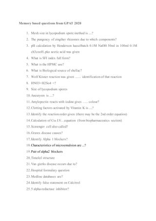 Memory Based Questions From Gpat 2020 PDF