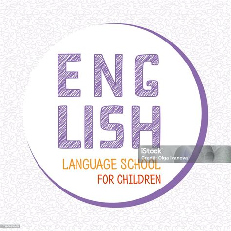 어린이 언어 학교 또는 코스용 원형 인터넷 배너 가르치고 영어를 배운다 제목 영어로 그늘진 문자와 사각형 라벨라운드 라인 아트 일러스트레이션 벡터 0명에 대한 스톡 벡터