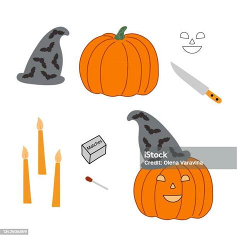 잭 O 랜턴 할로윈 호박 재미있는 얼굴과 단계 별 모자 단계 칼과 촛불로 무서운 얼굴을 곡선에 대한 요소 전통적인 가을 휴가