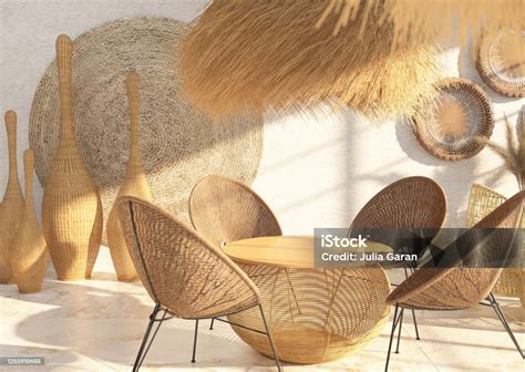 고리버들 가구와 등나무와 짚 장식이 있는 카페 또는 레스토랑 의 내부 둥근 식탁 민족 스타일 3d 렌더링 가구에 대한 스톡 사진 및 기타 이미지 Istock