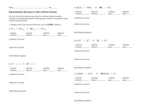 Balancing Redox Reactions In Acidic And Basic Solutions Worksheet For