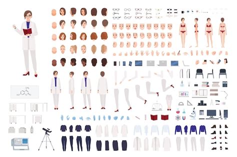 여성 과학자 또는 과학 실험실 작업자 생성자 세트 또는 Diy 키트 여성 신체 부위 실험실 의류 및 장비 흰색 배경에 고립의 번들 프리미엄 벡터