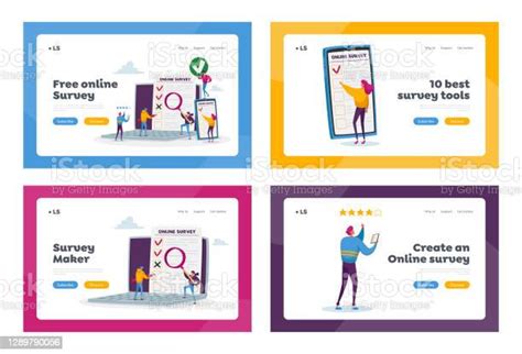 온라인 설문조사 방문 페이지 템플릿 집합입니다 거대한 노트북 및 스마트 폰 응용 프로그램에 디지털 양식을 채우는 작은 문자 투표에 대한 스톡 벡터 아트 및 기타 이미지