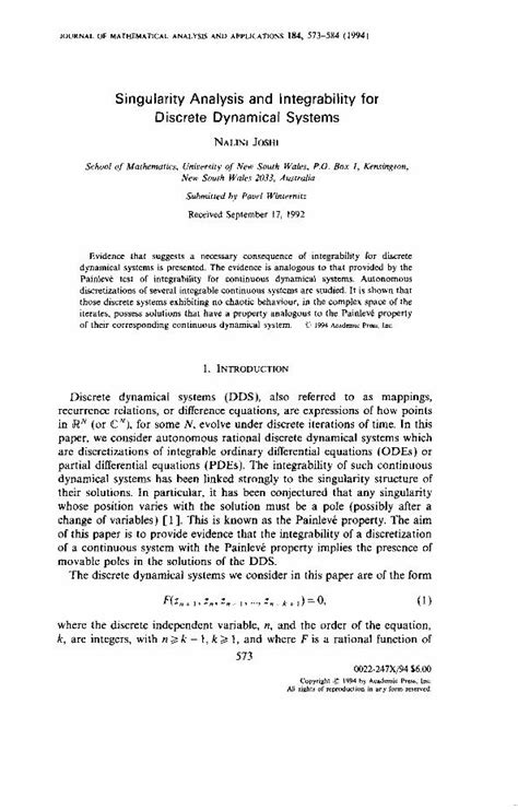 Pdf Singularity Analysis And Integrability For Discrete Dynamical Systems Dokumentips