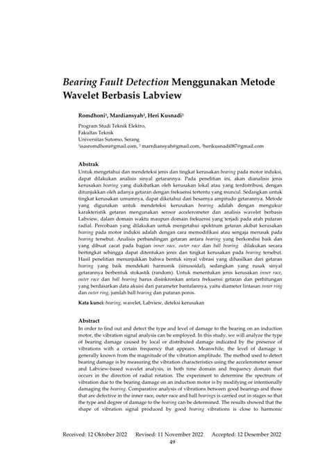 Pdf Bearing Fault Detection Menggunakan Metode Wavelet Berbasis Labview