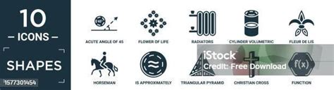 채워진 모양 아이콘 세트입니다 45 도의 평평한 예각 생명의 꽃 라디에이터 실린더 체적 Fleur De Lis 기수 삼각형 피라미드 체적과 거의 같습니다 교육에 대한 스톡