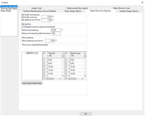 Criteria Rebar Round Up Spacing Tab