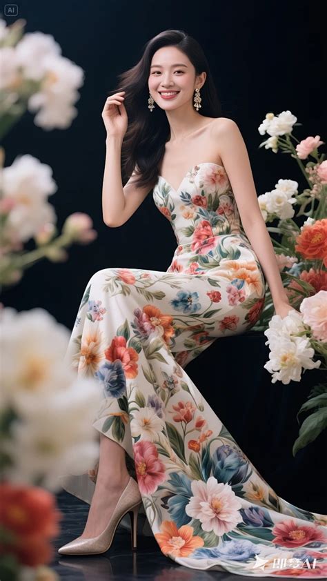 亚洲女模特，纹理细节。皮肤光泽白嫩，微笑，人物漂亮气质，大环境，，强调整体造型的完整性和艺术性，前景虚化，花朵，鲜花，超现实花卉图案突破传统