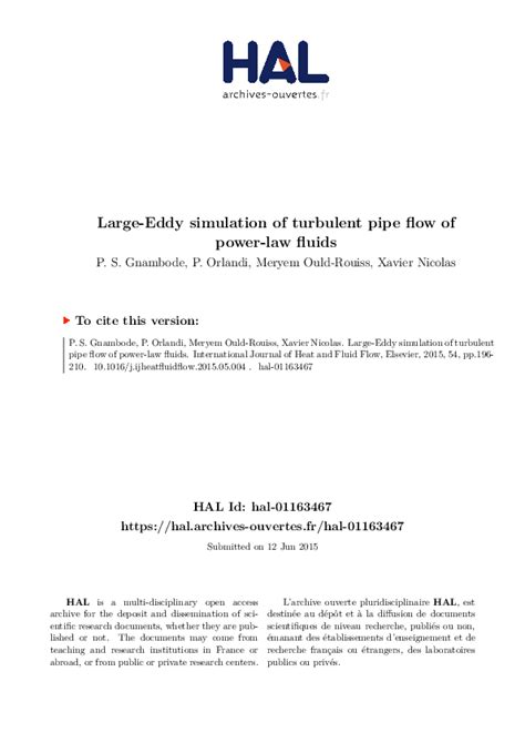 Pdf Large Eddy Simulation Of Turbulent Pipe Flow Of Power Law Fluids