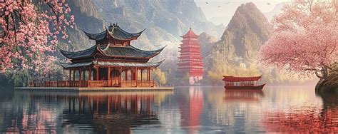 A Traditional Chinese Pavilion With Pink Cherry Blossoms Background