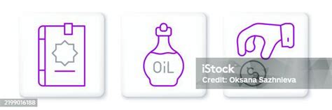 세트 라인 기부 또는 Zakat 코란의 거룩한 책 및 에센셜 오일 병 아이콘을 지불하십시오 벡터 0명에 대한 스톡 벡터 아트 및 기타 이미지 Istock