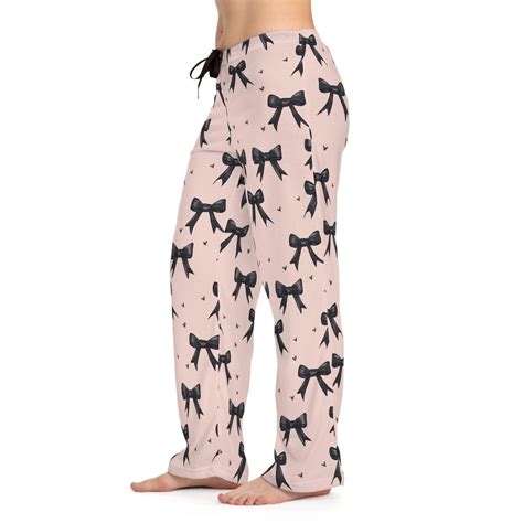 Coquette Pajama Pants Coquette Aesthetic Lounge Wear Black Ribbons On Pink Pajama Bottoms