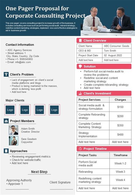 One Pager Proposal For Corporate Consulting Project Pdf Document Ppt Templa