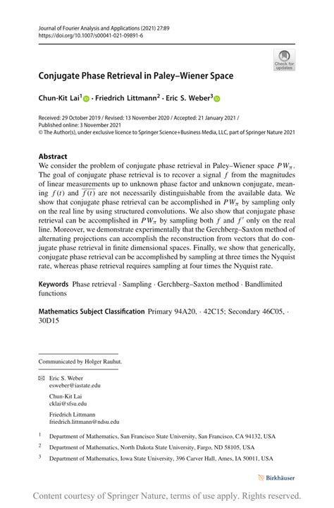 Conjugate Phase Retrieval In Paleywiener Space Request Pdf