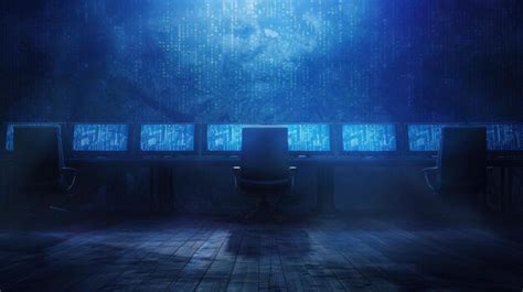 Cybersecurity Command Center With Multiple Computer Screens And Code Display Premium Ai
