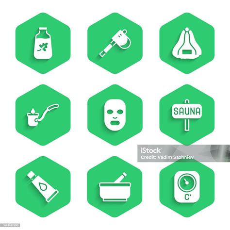 페이셜 화장품 마스크 모르타르 및 유봉 사우나 온도계 크림 로션 튜브 국자 모자 및 에센셜 오일 병 아이콘을 설정합니다 벡터 건강한 생활방식에 대한 스톡 벡터 아트 및 기타