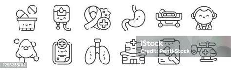 선형 의료 서비스 아이콘 12세트 헬리콥터 병원 병력 병원 침대 종양학 웹 수혈 모바일과 같은 얇은 윤곽 아이콘 건강관리와 의술에 대한 스톡 벡터 아트 및 기타 이미지