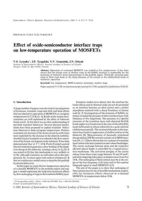 Pdf Effect Of Oxidesemiconductor Interface Traps On Low Temperature Operation Of Mosfets