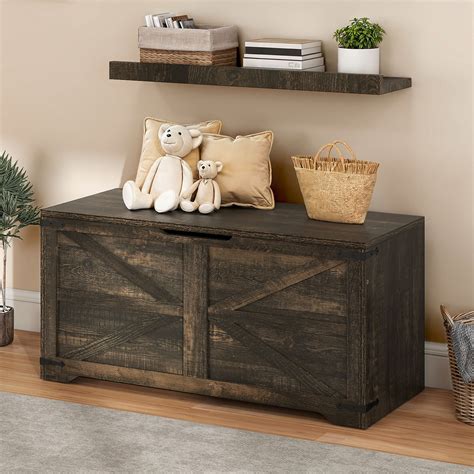 Gracie Oaks Farmhouse Wooden Storage Box Trunk Bench Chest With Safety Hinge For Entryway
