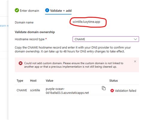 static web app custom domain domainname is invalid the domain name